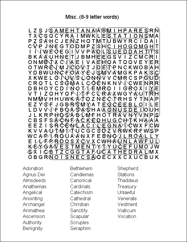 MyCatholicSource Word Search Answer Key Misc 8 9 Letter Words 