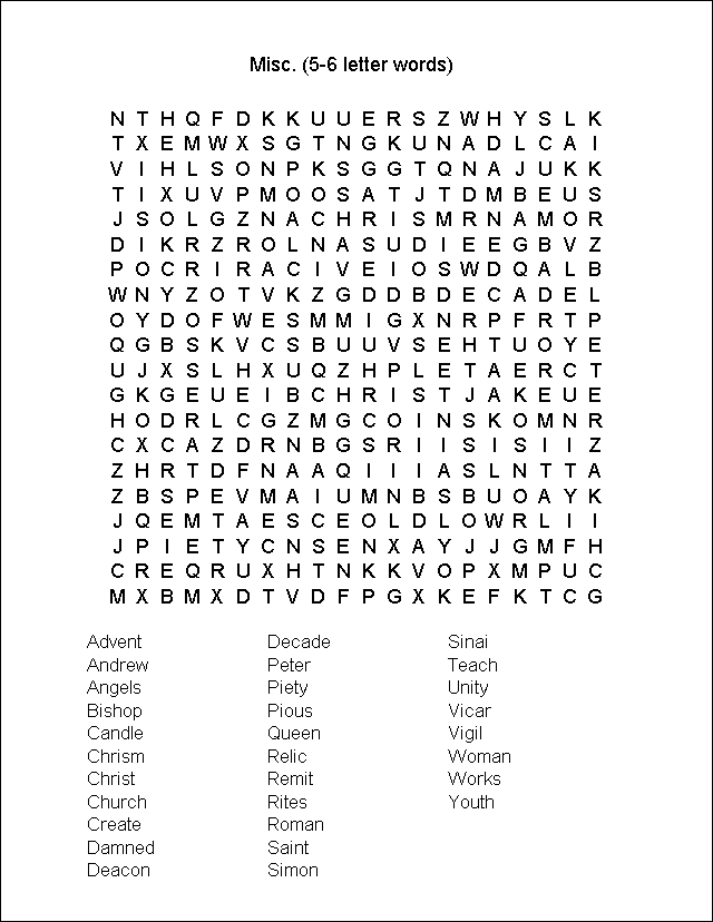 MyCatholicSource Word Search Misc 5 6 Letter Words 